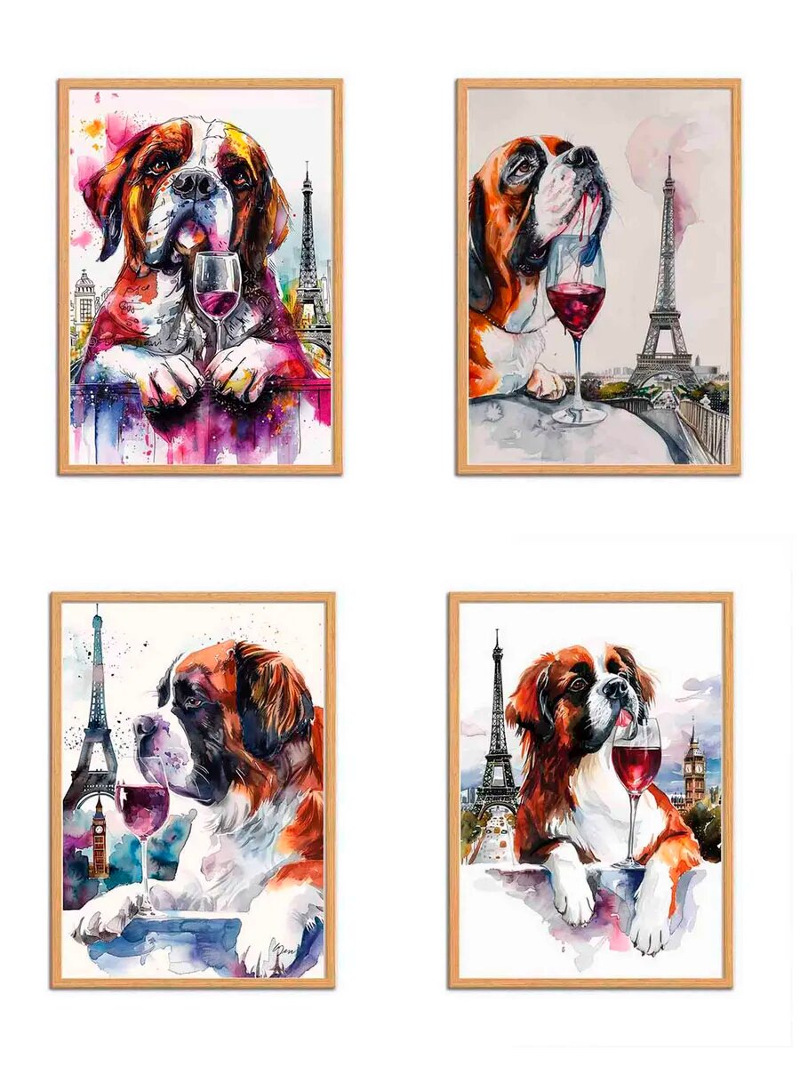Сенбернар Пьет Вино, 4 Плаката, 30x21см