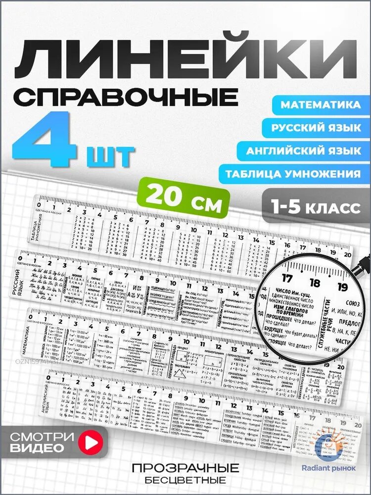 Набор линеек для школы Motrix, линейки шпаргалки пластиковые 20см, 4шт (английский, русский, математика, с таблицей умножения)