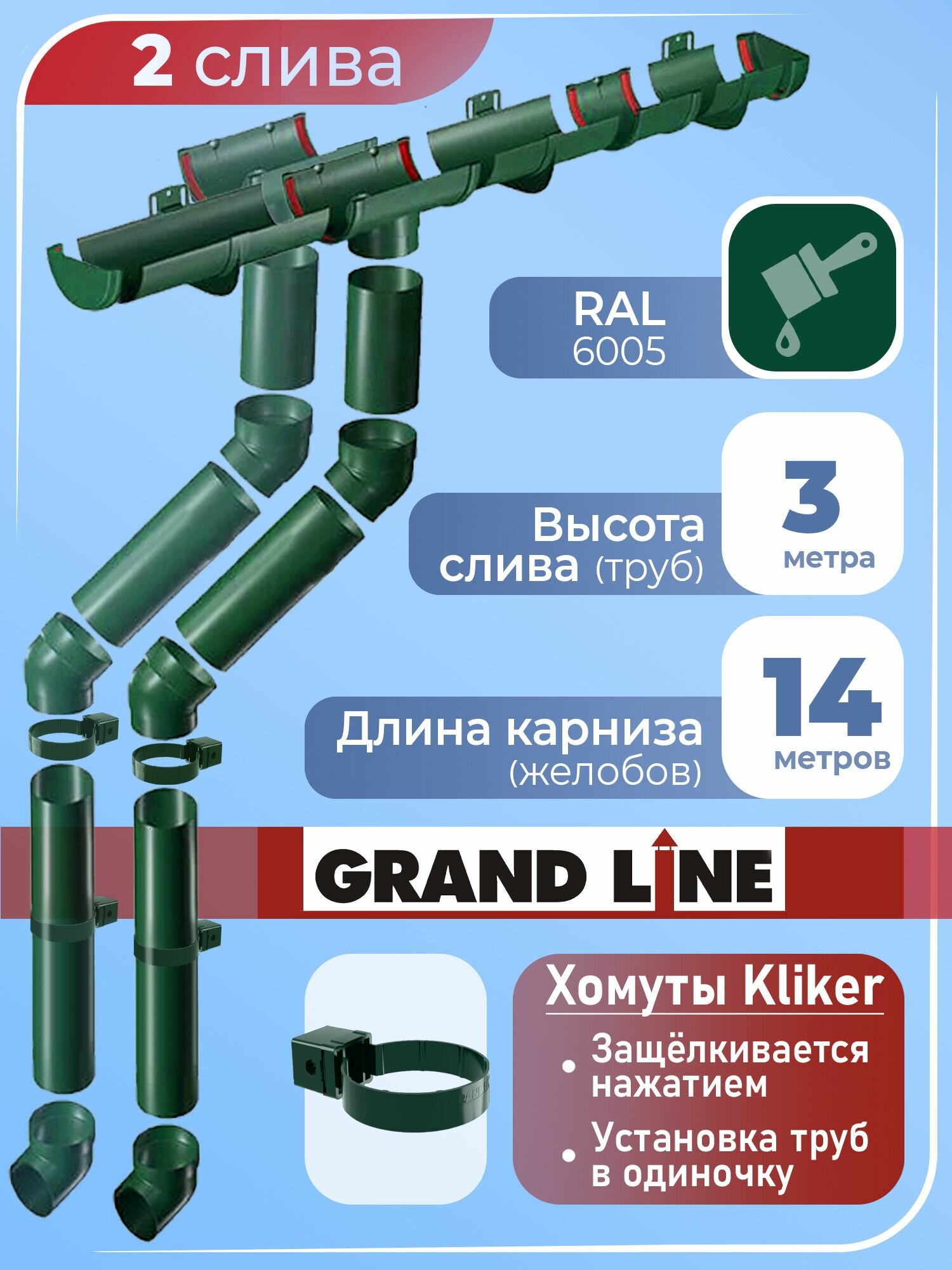 Водосточная система Grand Line 14 м ( 1,5 м+1 м ) хомут кликер зеленый RAL 6005 , водосток для крыши пластиковый Гранд Лайн ( 120 мм / 90 мм ) комплект элементов ПВХ