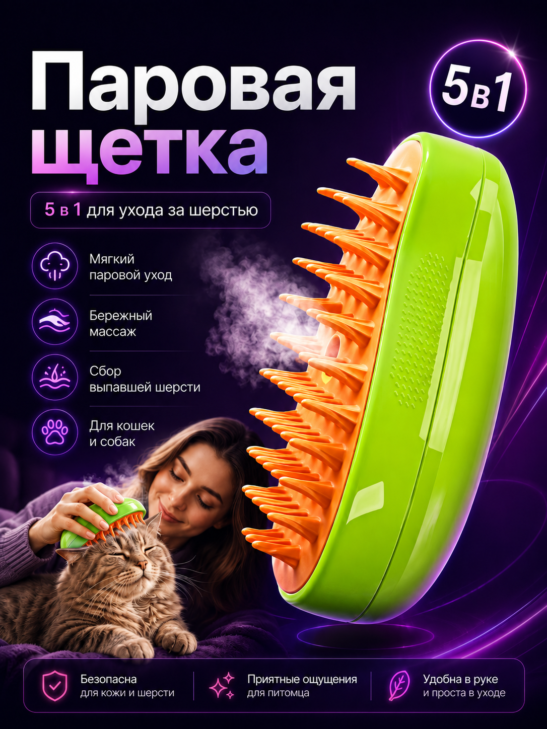 Паровая щетка для кошек и собак, Расческа с паром, Массажная паровая щетка для расчесывания животных, Зеленый
