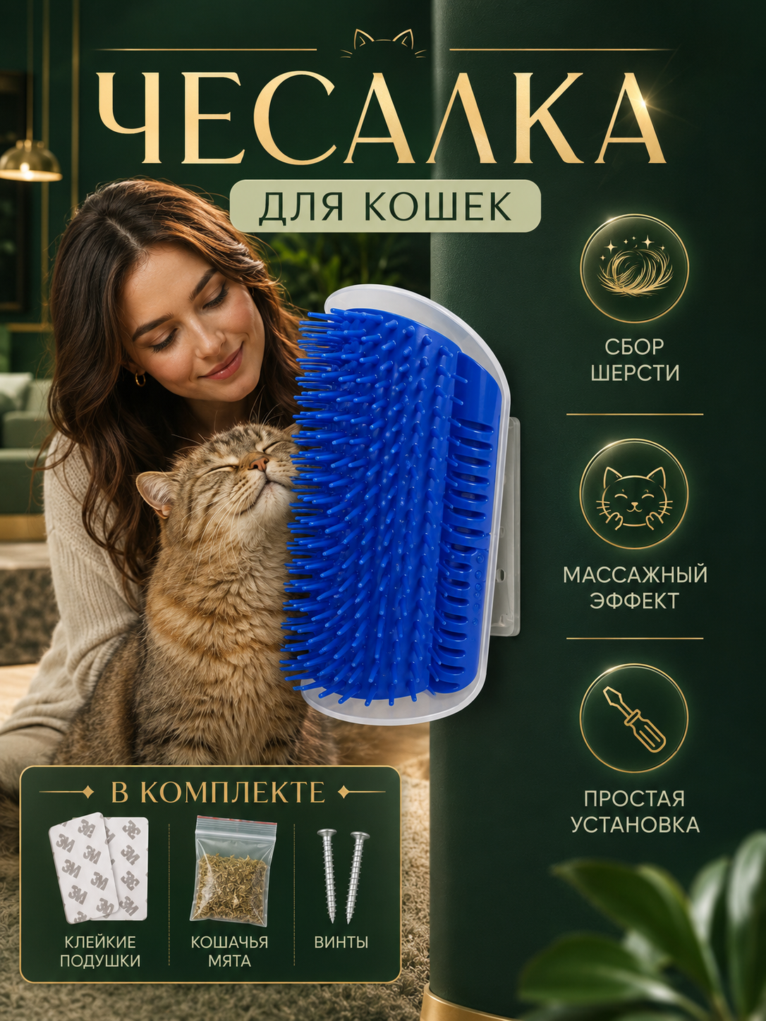 Угловая массажная расческа для кошек с кошачьей мятой, Чесалка для кошек, Синий