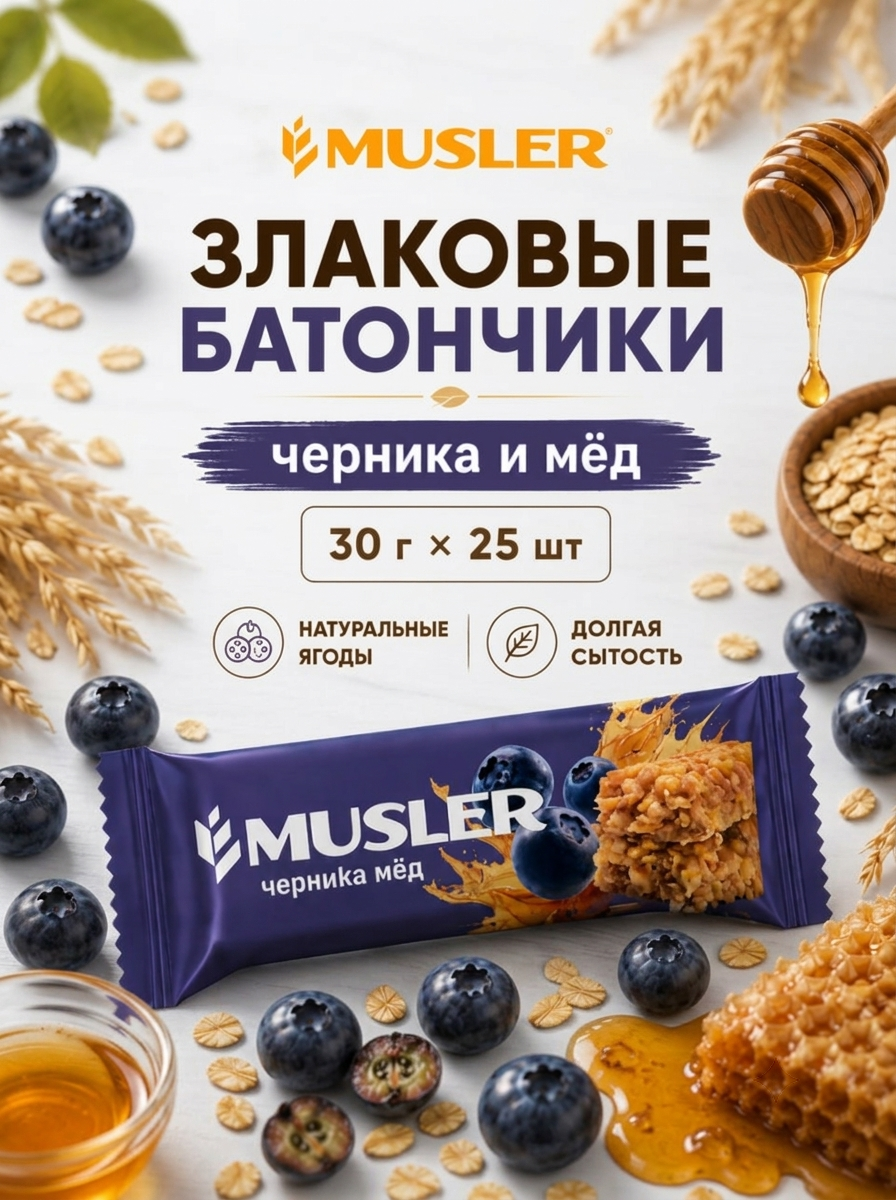Злаковые батончики мюсли Musler детские, фруктовые "Черника и мед" 25 шт по 30 гр