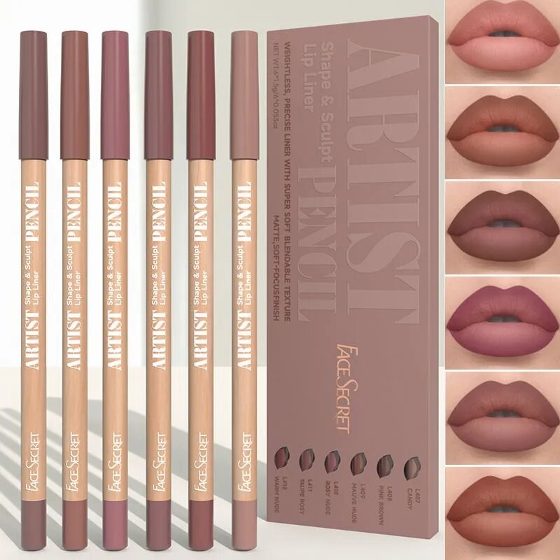 Карандаши для губ Face Secret 6 шт, водостойкий стойкий набор, не липнет к чашке, матовая бархатная текстура, нюдовые оттенки