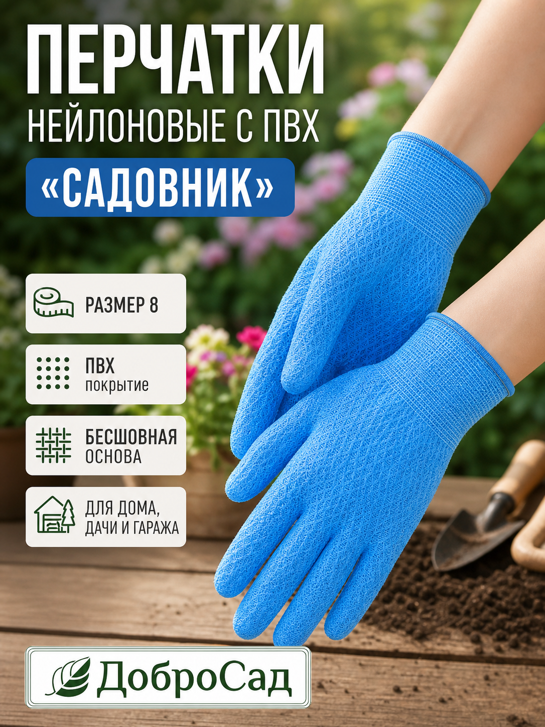 Перчатки нейлоновые «Садовник» голубые 8 р-р, ПВХ покрытие, дышащие