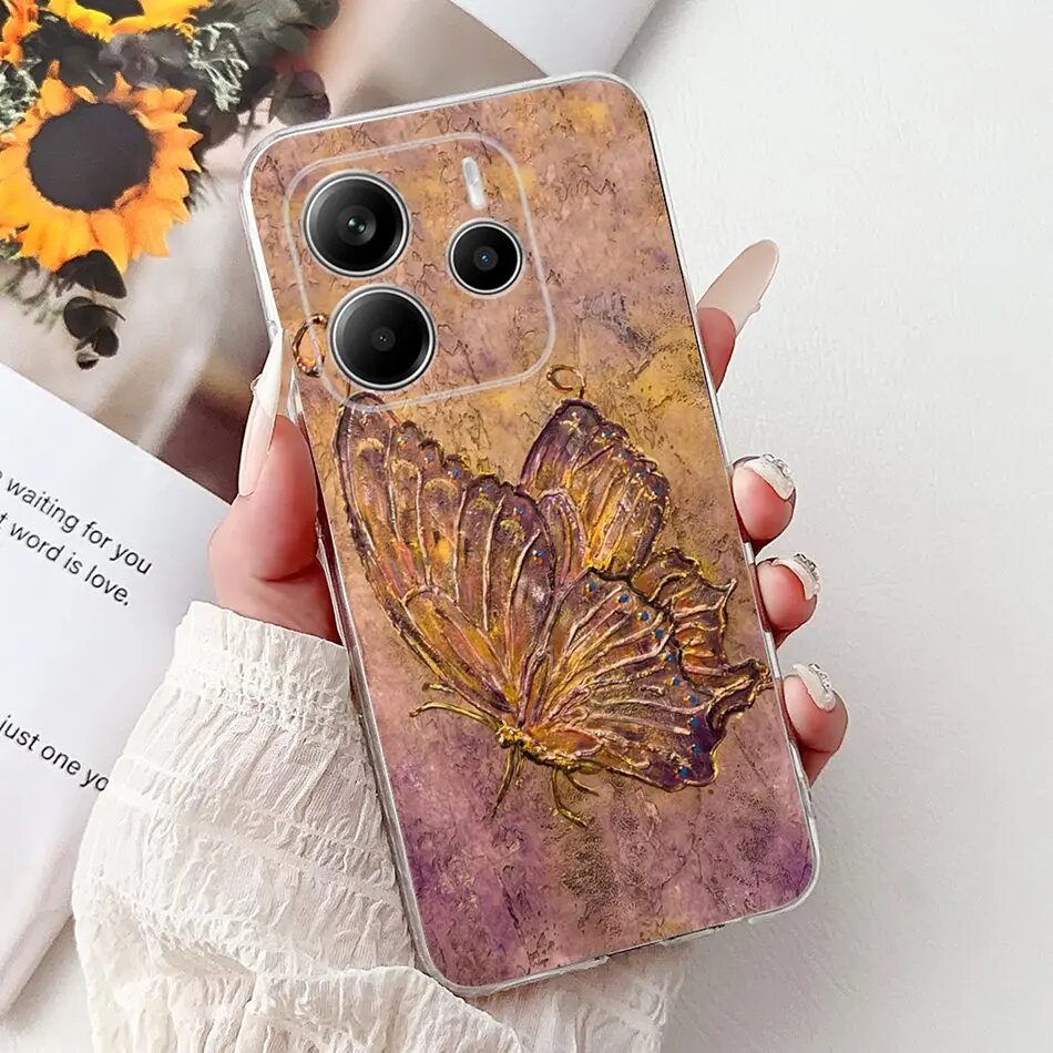 Для Xiaomi Redmi Note 14 4G Note14S Чехол для телефона Redmi Note 14s Note 14 4G Элегантный мягкий силиконовый чехол из ТПУ с цветочным принтом кота