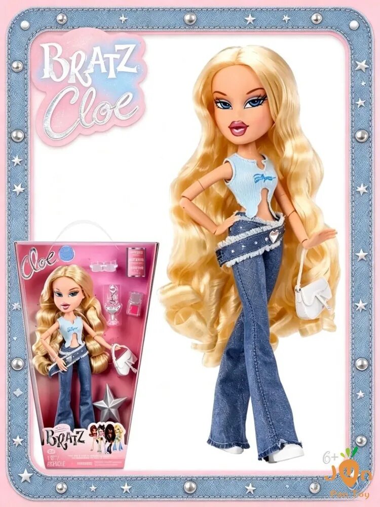 MGA Bratz Cloe 2001 Reimagined Fashion Doll / С золотистыми волнистыми волосами, джинсовый костюм, полный набор аксессуаров, подвижные суставы, для коллекции, от 6 лет, подарок на день рождения