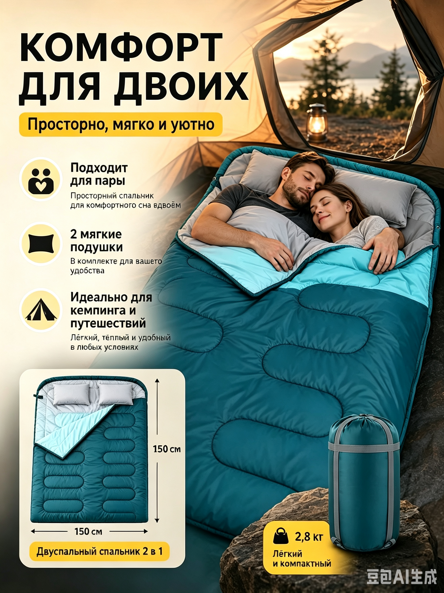Двухместный спальный мешок для кемпинга, путешествий, треккинга и отдыха на даче