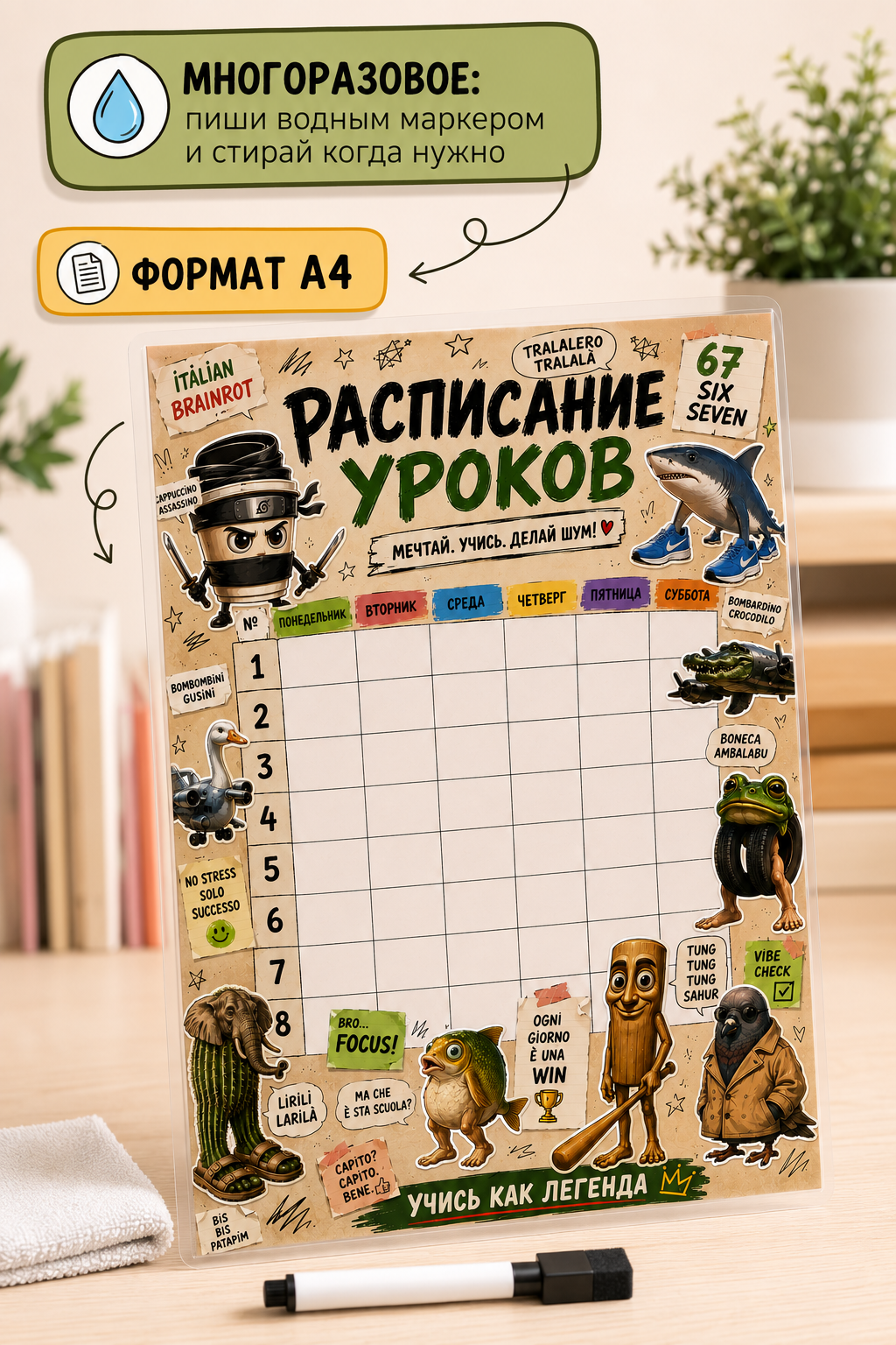 Расписание уроков, многоразовое «пиши-стирай», форматА4, мемы, mems, тралалело тралала, капучино, асасино, бомбардиро крокодило