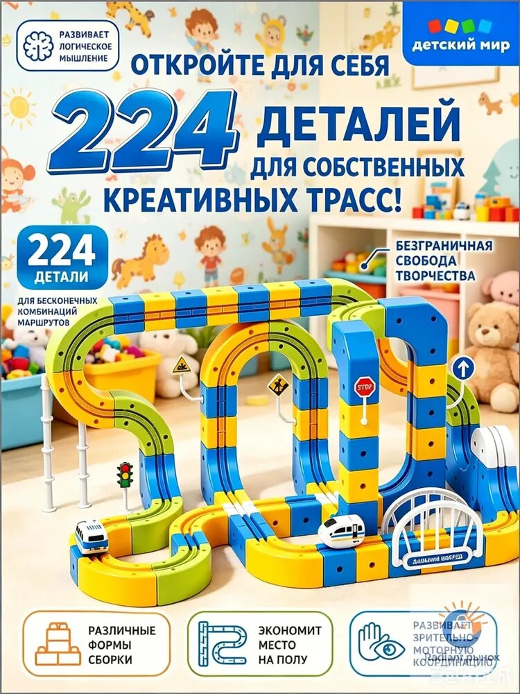 Магнитный конструктор Трек 224 деталей. Антигравитационная гоночная трасса для поезда. Идеальный подарок для развития детей и спасение для родителей!