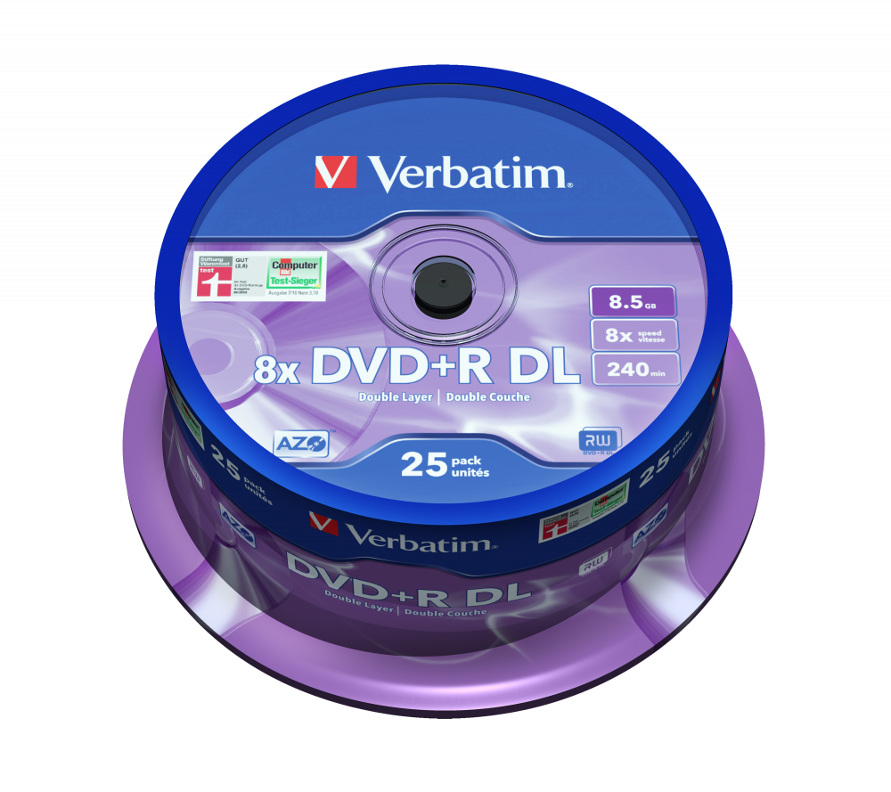 Диск оптический Verbatim DVD+R DL 8x 8,5GB AZO Silver Mate, Cake Box, 25 шт.