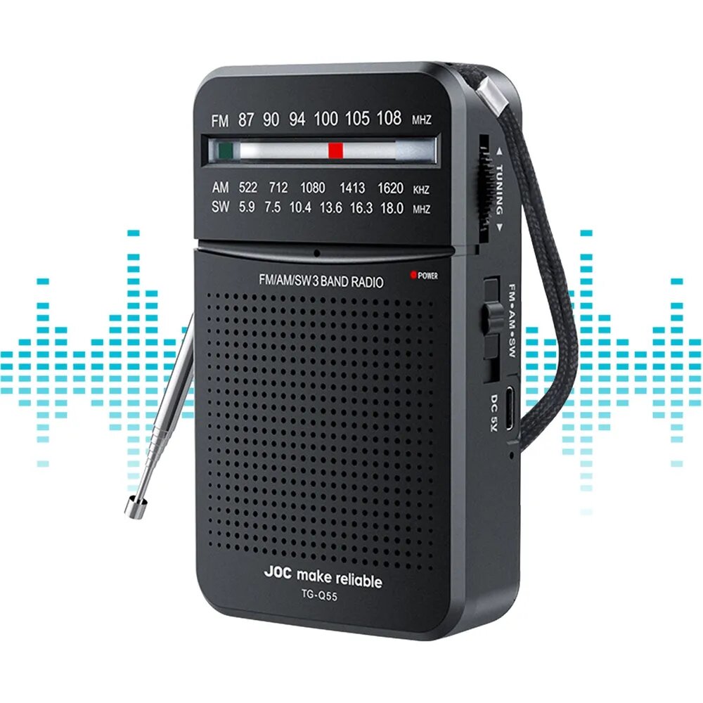 Портативный радиоприёмник JOC TG-Q55: FM/AM/SW, перезаряжаемый, чёрный