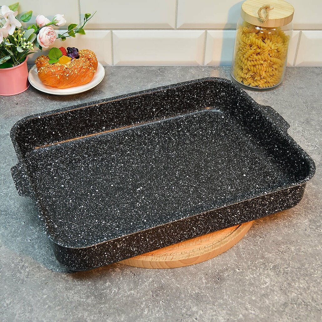 Противень easy stone 27х35см, черный с белыми крапинками, каменная текстура, широкие бортики, для идеального выпекания