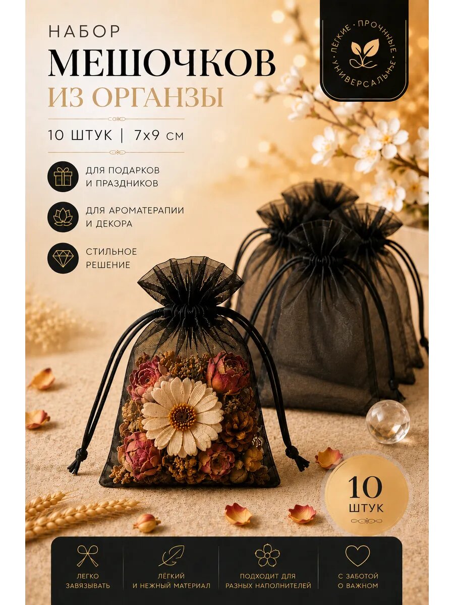 Мешочки из органзы в подарок и для подарка 7*9 черные 10 шт