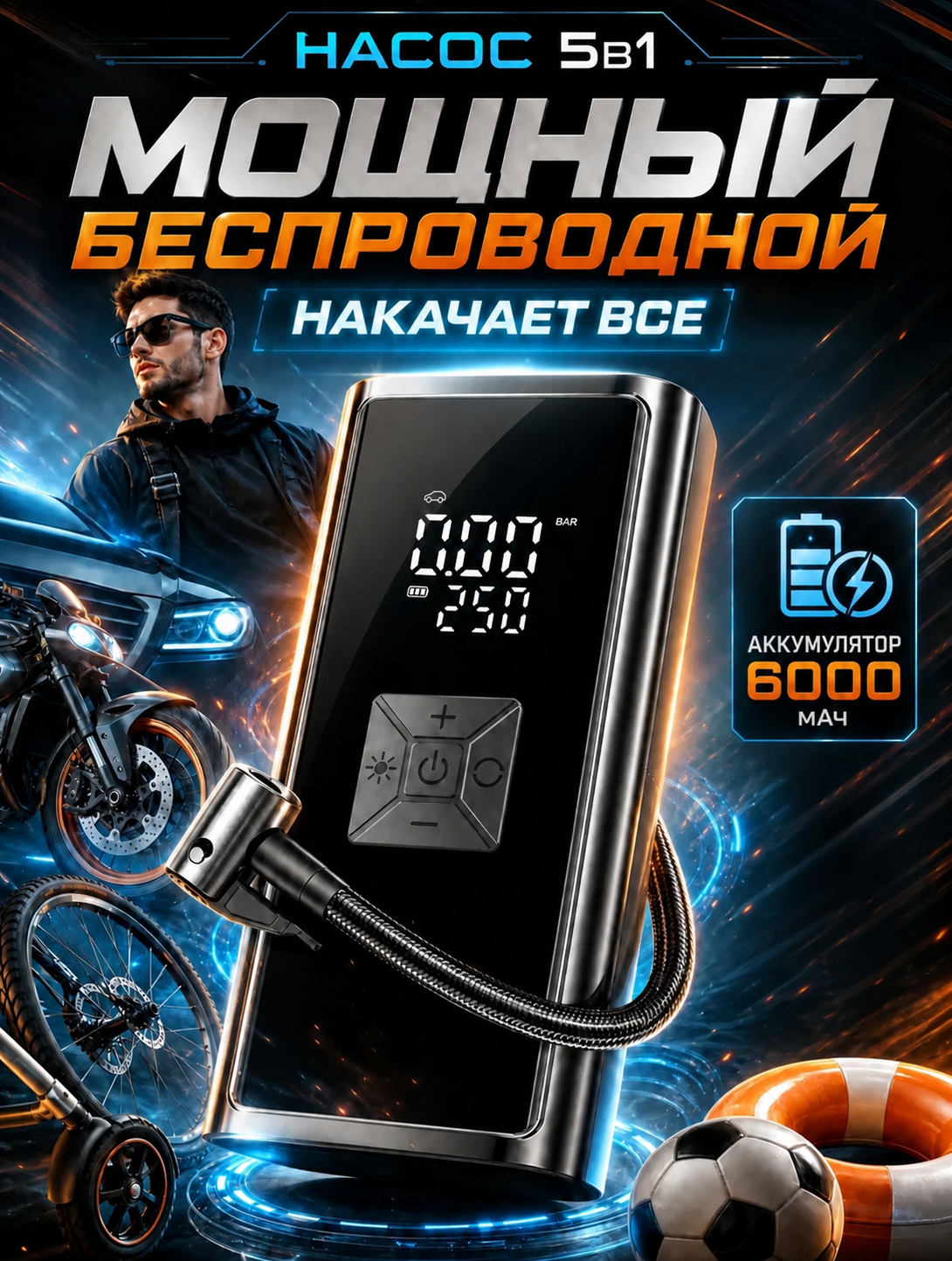 Компрессор автомобильный аккумуляторный, Насос автомобильный для подкачки шин, Компрессор беспроводной, для автомобиля , для велосипеда , для мяча, для матраса