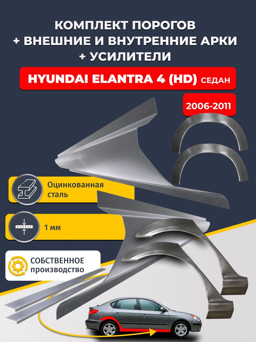 Комплект ремонтных задних внешних и внутренних арок (0,8 мм) + комплект порогов + усилители, на Hyundai Elantra 4 HD 2006-2011 седан (Элантра 4) Оцинкованная сталь 1 мм