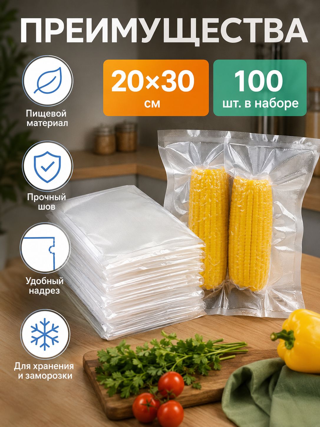 Вакуумные пакеты для продуктов 2030 см, 100 шт, рифлёные пакеты для вакууматора, хранения и заморозки