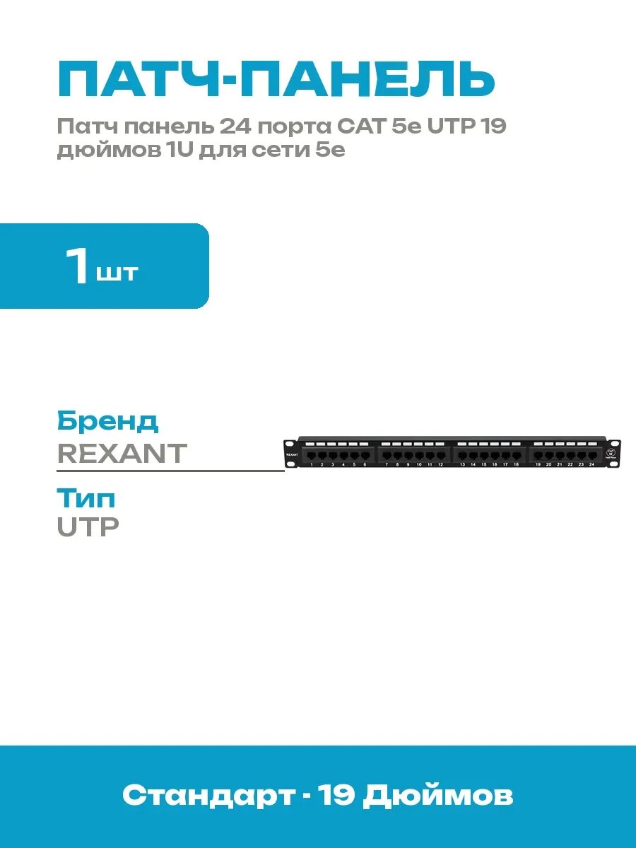 Патч панель 19 дюймов 1U 24 порта UTP CAT 5e для монтажа СКС