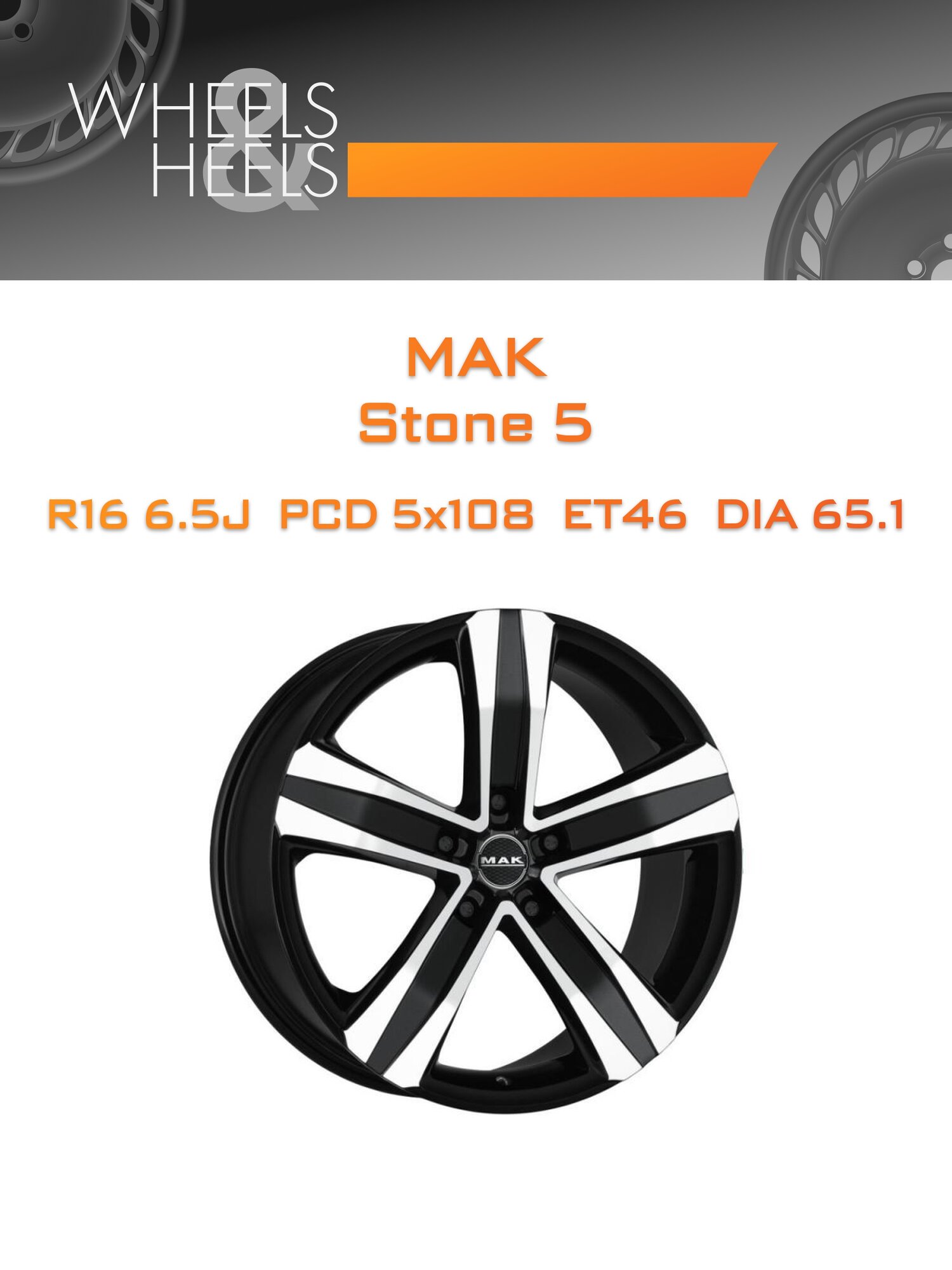 Диск автомобильный литой MAK Stone 5 16x6.5 5x108 et46 dia65.1 Чёрный глянцевый с полированной лицевой частью