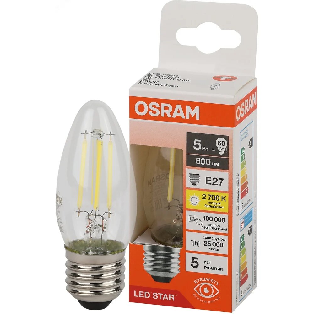Osram Лампа светодиодная филаментная LSCLB60 5W/827 230VFILCL E27 10x1 4058075684874