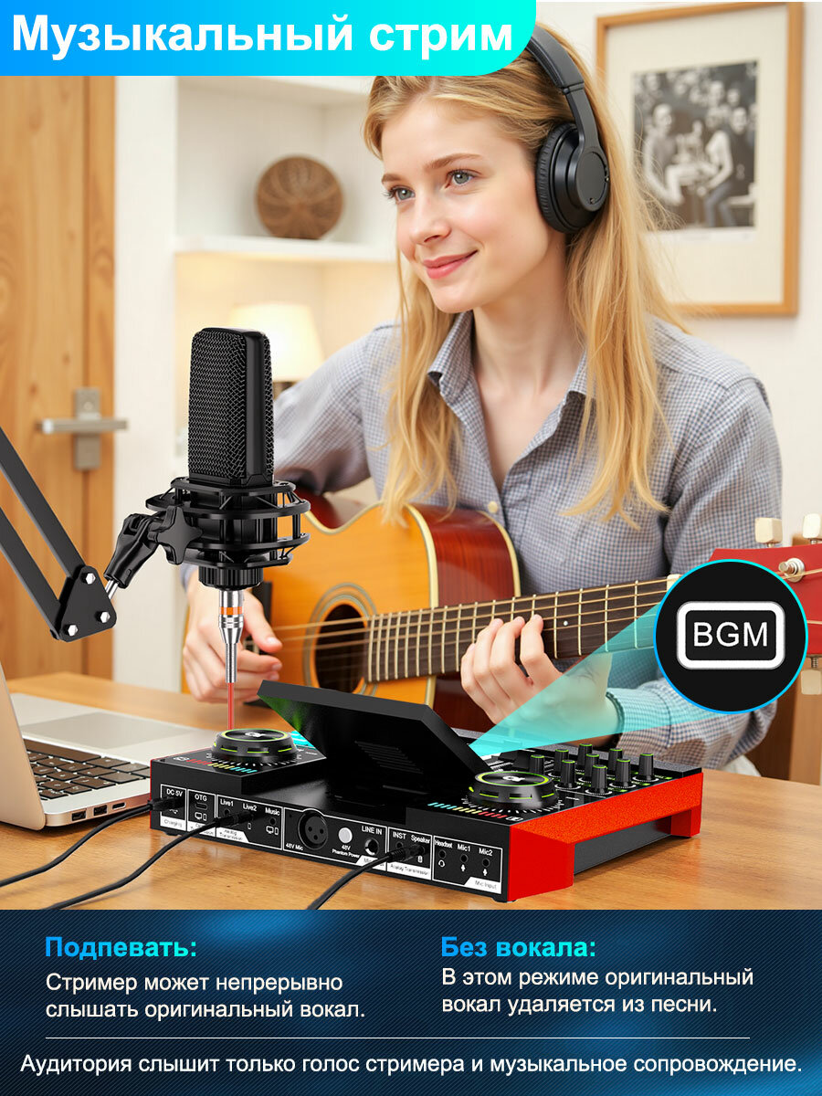 Sound Card and Microphone Kit: Sing-along Mode, One-Click Voice Correction, Adjustable Reverb