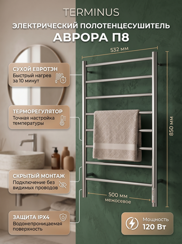 Полотенцесушитель электрический Terminus Аврора П8 500*850 85x55 см, подключение справа, слева, скрытое подключение справа, нержавеющая сталь полированная, лесенка
