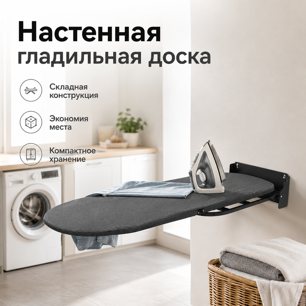 Настенная гладильная доска, складная, 93 см x 31,5 см, противоскользящие накладки