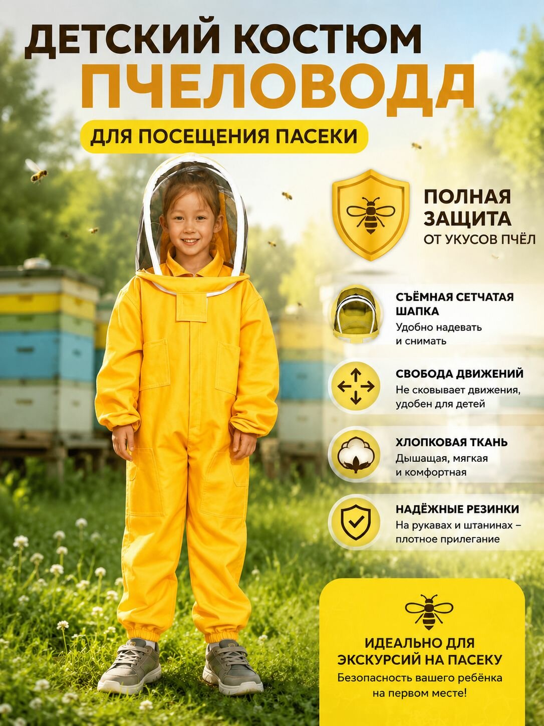 Костюм пчеловода для детей, утолщенный комбинезон для защиты от пчел, ярко-желтый, размер L