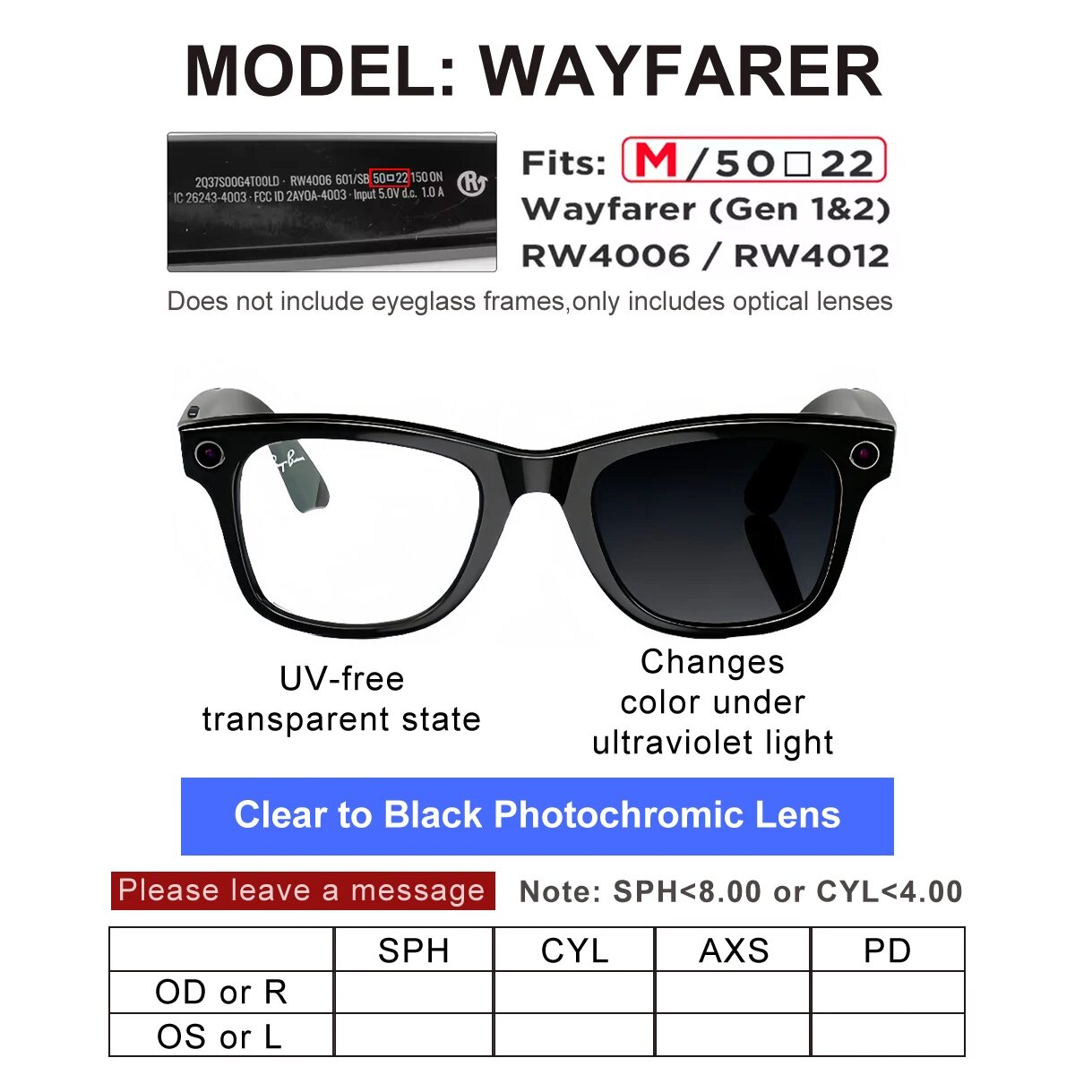 Для очков Ray-Ban Meta WAYFARE, HEADLINE, SKYLER: линзы для коррекции M-50-22 Turn black