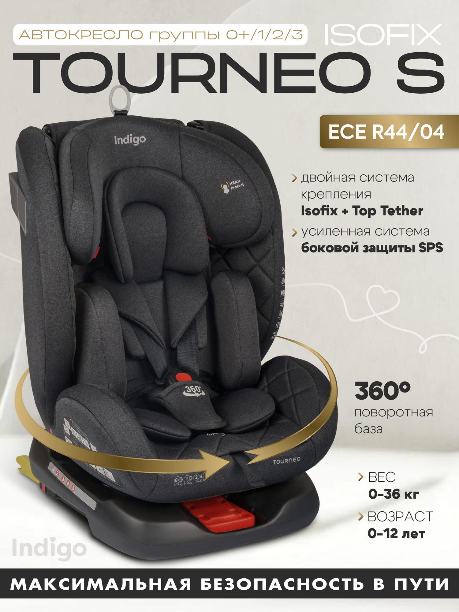 Детское автокресло Indigo Tourneo S Isofix, группа 0/1/2/3 (до 36 кг), до 12 лет, графит