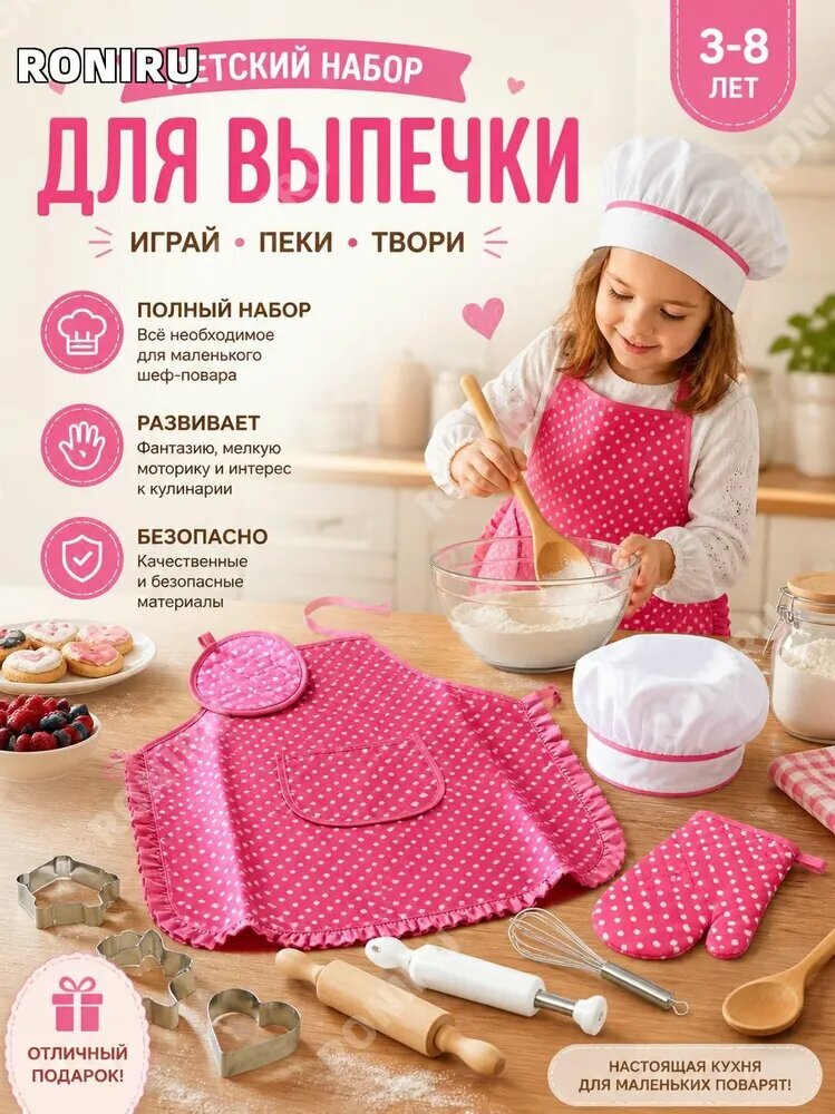 Детский набор для выпечки, игровой шеф-повар с поварским колпаком, фартуком, прихваткой, деревянной ложкой, погружным блендером, скалкой и формочками для печенья, для детей 3-8 лет