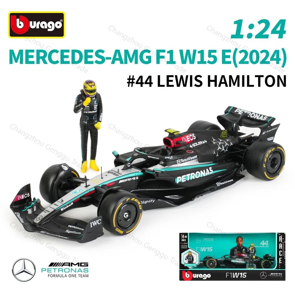 Bburago 1:24 Mercedes AMG 2024 W15 E Performance Формульный болид Формулы-1, Литые под давлением автомобили и пластиковая фигура гонщика в чемпионской позе, коллекционная модель гоночных игрушек