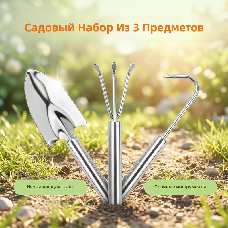 Набор ручных садовых инструментов из нержавеющей стали, 3 шт, лопатка, грабли, крюк, серебристого цвета