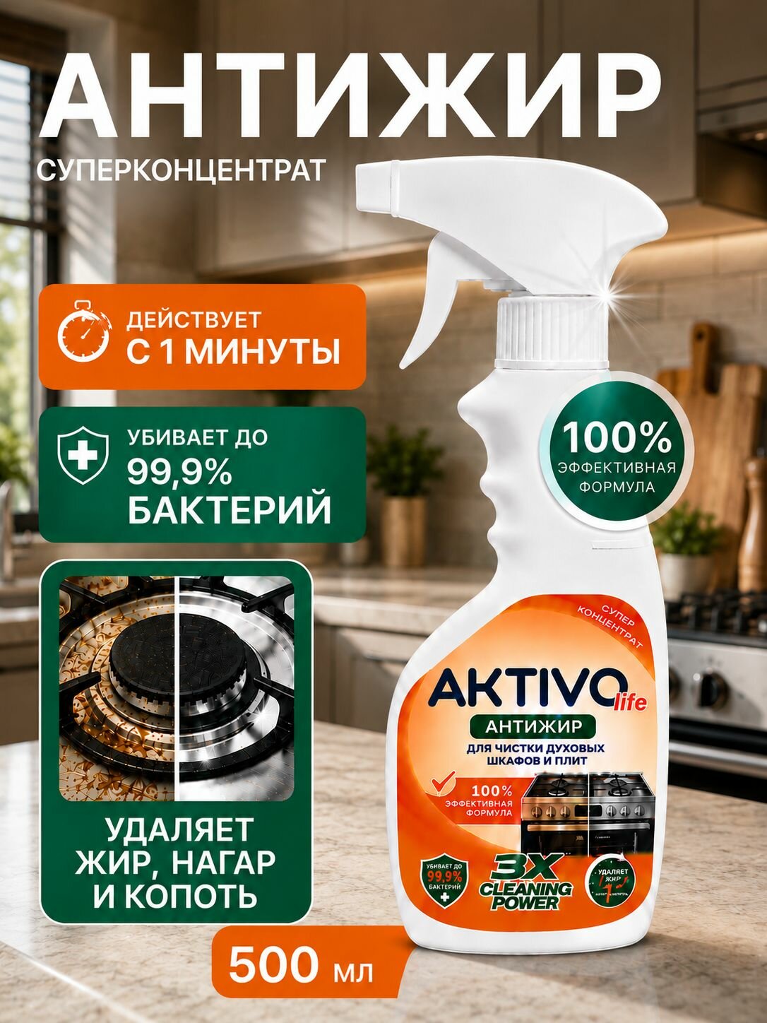 Средство чистящее / Антижир для кухни Aktivo, спрей 500 мл спрей антижир 500 мл