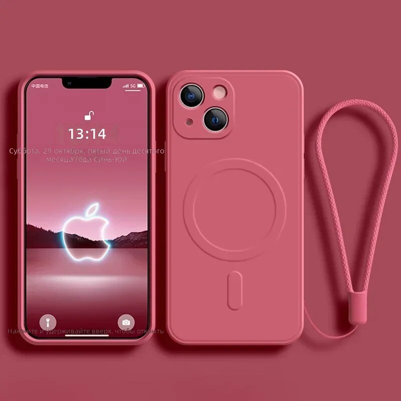 Чехол для iPhone 17 из жидкого силикона с магнитным ремешком на запястье, цвет Камелия Ред, поддержка беспроводной зарядки
