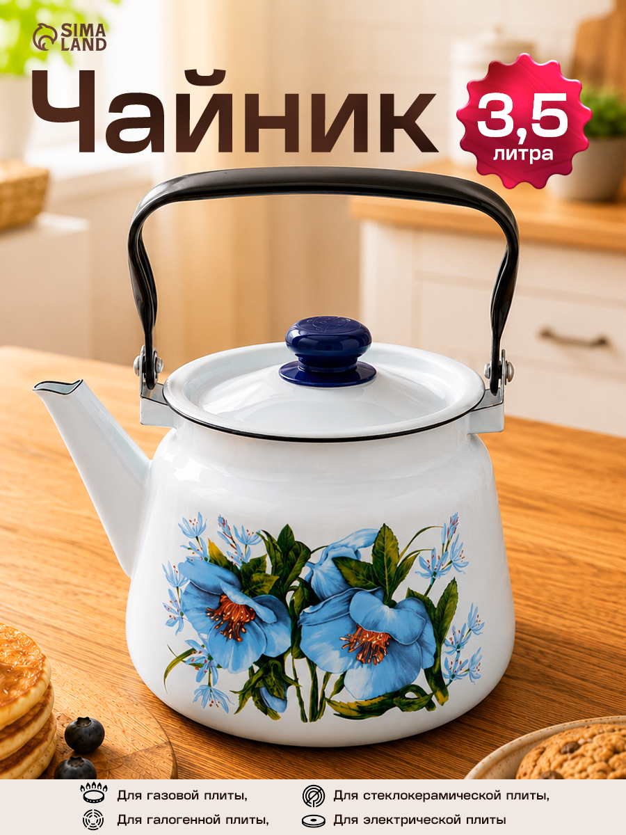 Чайник «Цветы синие», 3.5 л, эмалированная сталь, для газовой плиты, белый
