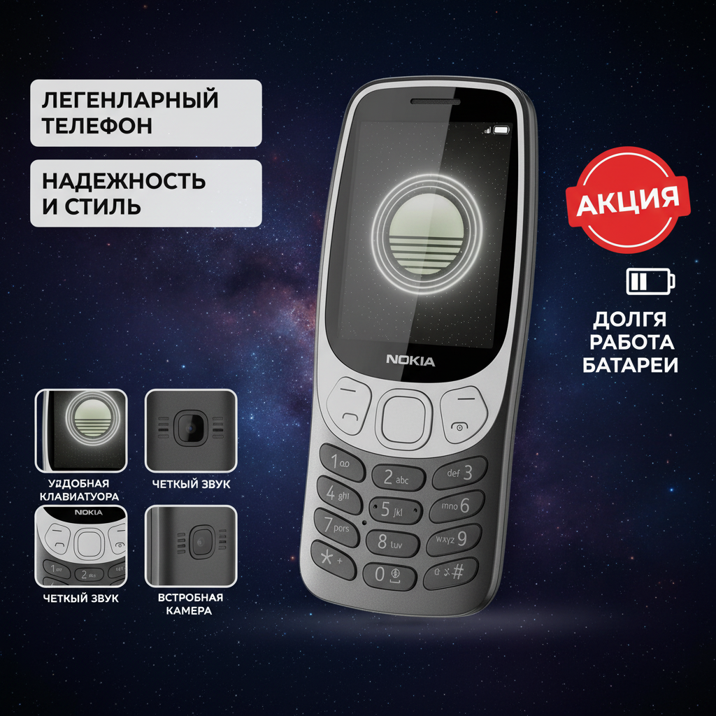 Кнопочный телефон NOKIA 3210 4G, Dual Sim, EAC, черный (TA-1618)