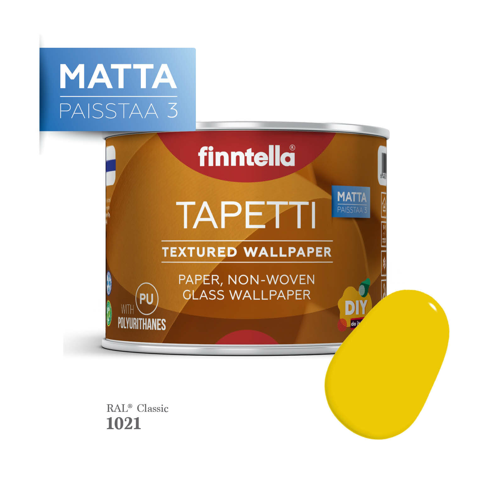 Матовая краска для обоев под окраску TAPETTI Matta FINNTELLA, Цвет RAL 1021 Рапсово-желтый (Colza yellow), 0,45л
