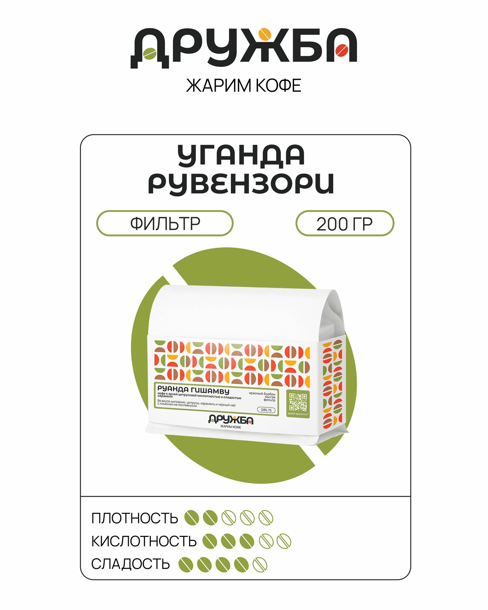 Кофе в зернах дружба кофе "Уганда Рувензори" под фильтр, 200г