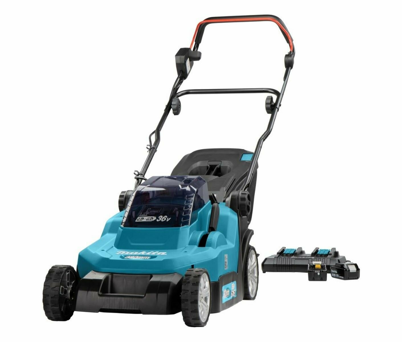 Газонокосилка аккумуляторная Makita DLM382PM2 (36В/2х18В, ширина 38см, травосборник40л, 2 в 1, 2x4 Ач; БЗУ)