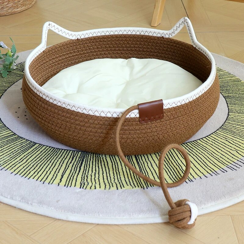 Кошачья кровать-гнездо с игрушечным шаром + белой хлопковой подстилкой - темно-коричневый, малый (диаметр 35 см, высота