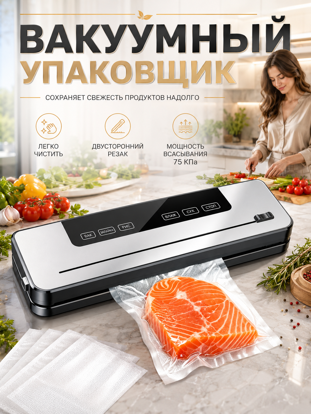 Вакууматор для упаковки продуктов с комплектом из 50 пакетов, бытовой упаковщик для вакуумной закупорки мяс
