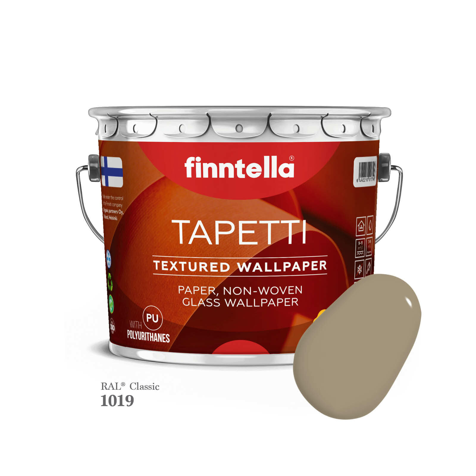 Шелковисто-матовая краска для обоев под окраску TAPETTI SILKKI Matta FINNTELLA, Цвет RAL 1019 Серо-бежевый (Grey beige), 2,7л