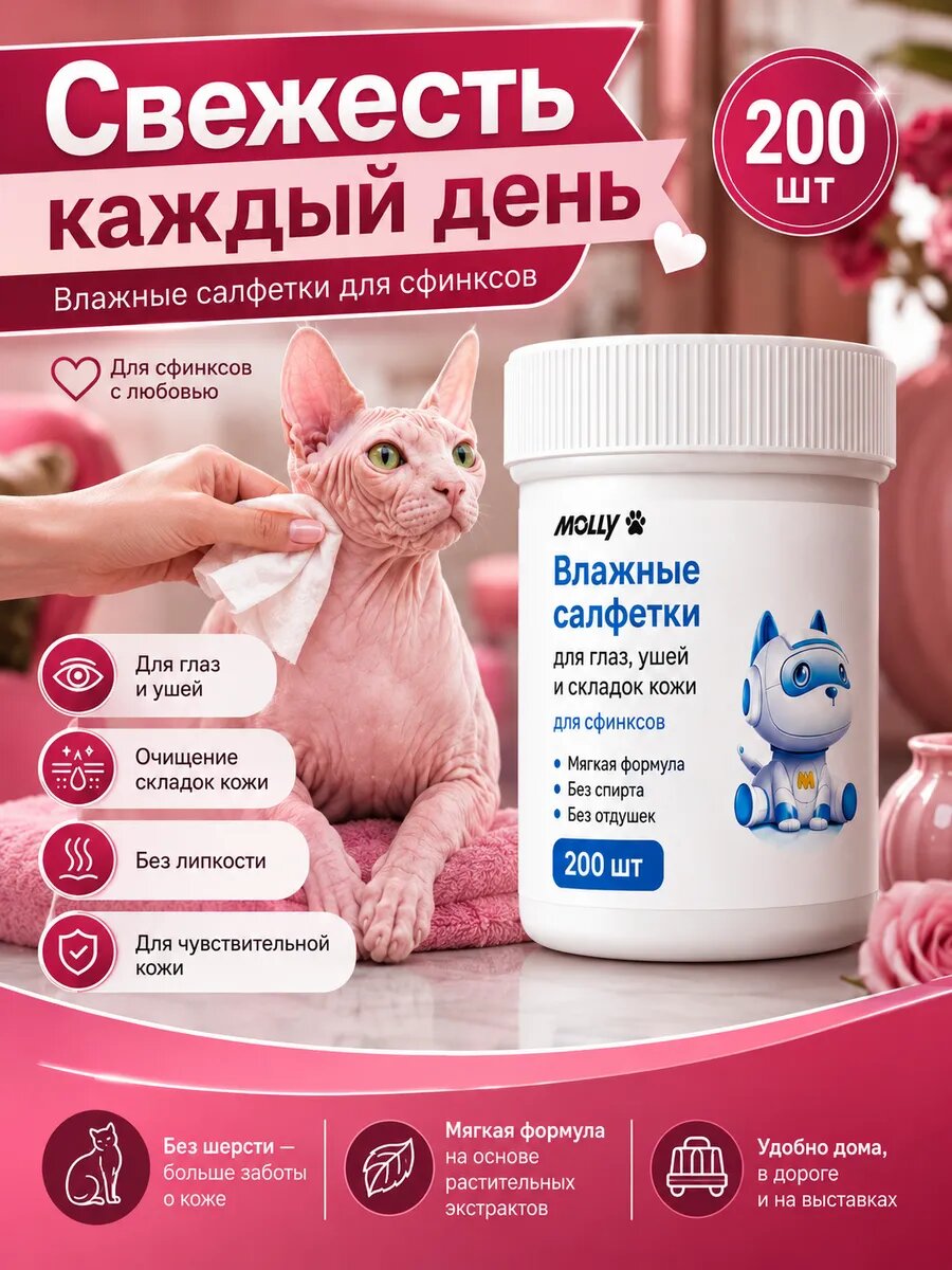 Влажные салфетки для бесшёрстных кошек