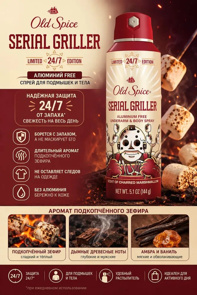 Спрей-дезодорант для тела и подмышек Old Spice Serial Griller, 144 г, без алюминия, аромат подкопчённого зефира