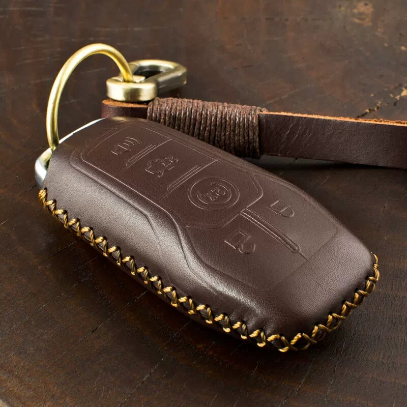 Кожаный чехол для ключей Ford для Mustang/Explorer/Fusion/F-150 - 5 кнопок, коричневая кожа с коричневой веревкой и