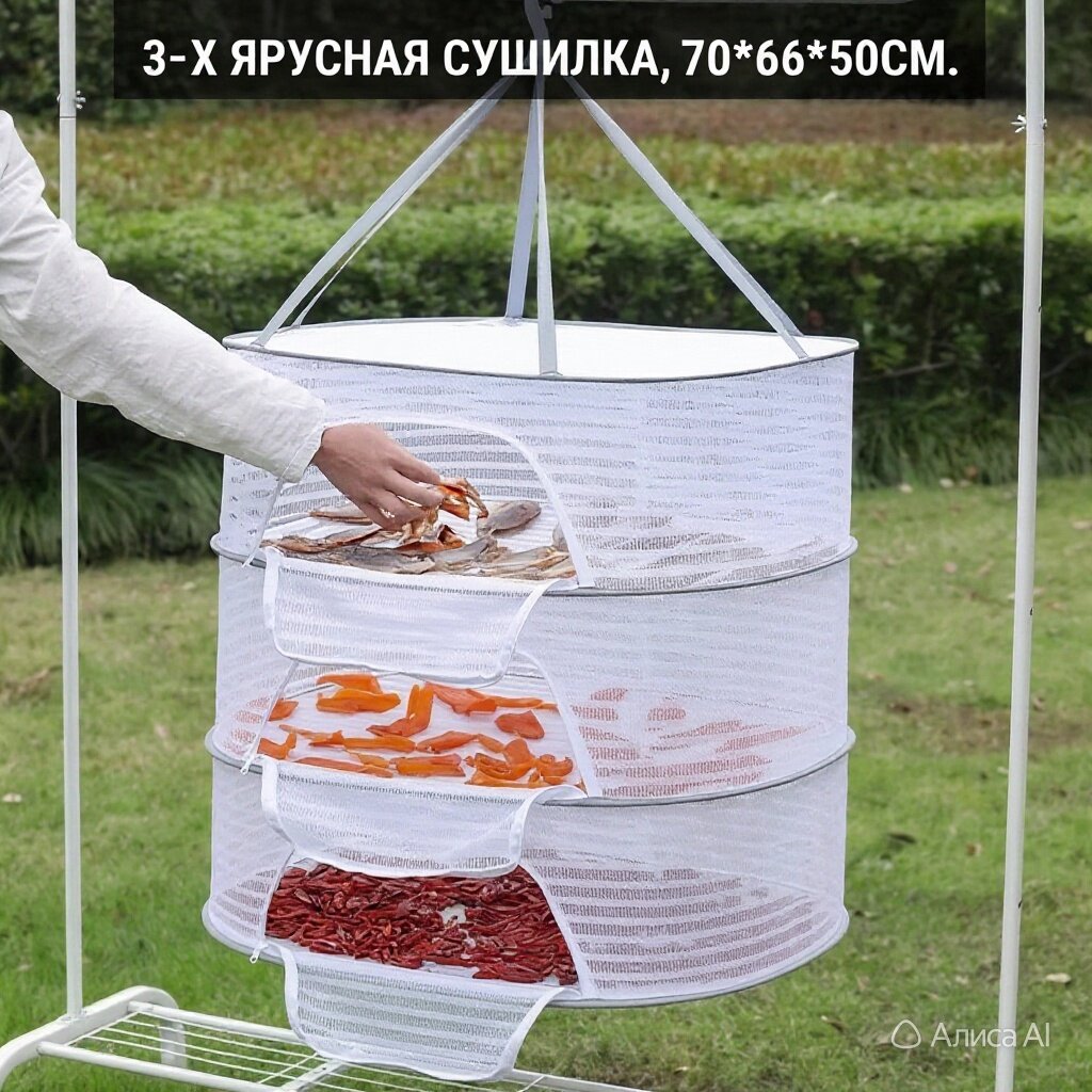 3-х ярусная Сетка-сушилка для овощей, фруктов, салата, зелени складная, 70х50х66 см, вентилируемая, подвесная