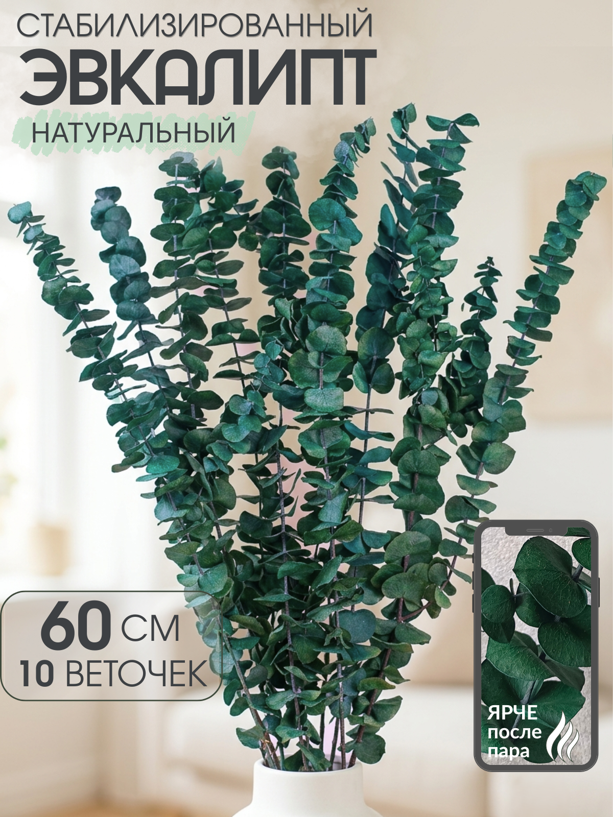 Стабилизированные цветы, эвкалипт стабилизированный, Бэби Блю изумрудный. Сухоцветы для декора. 10 шт
