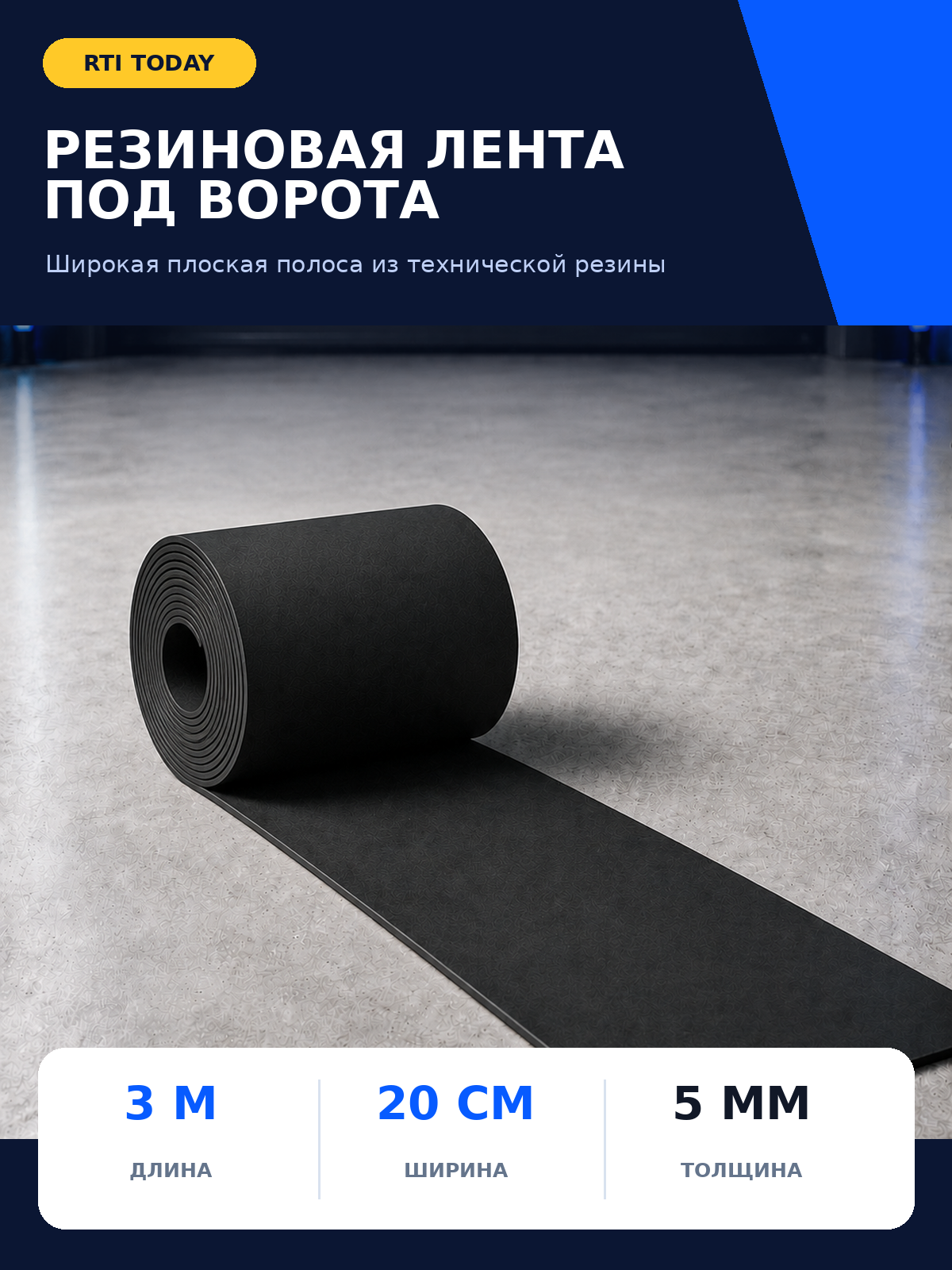 Резиновая лента под ворота 0.2х3м 5мм, усиленная, черного цвета