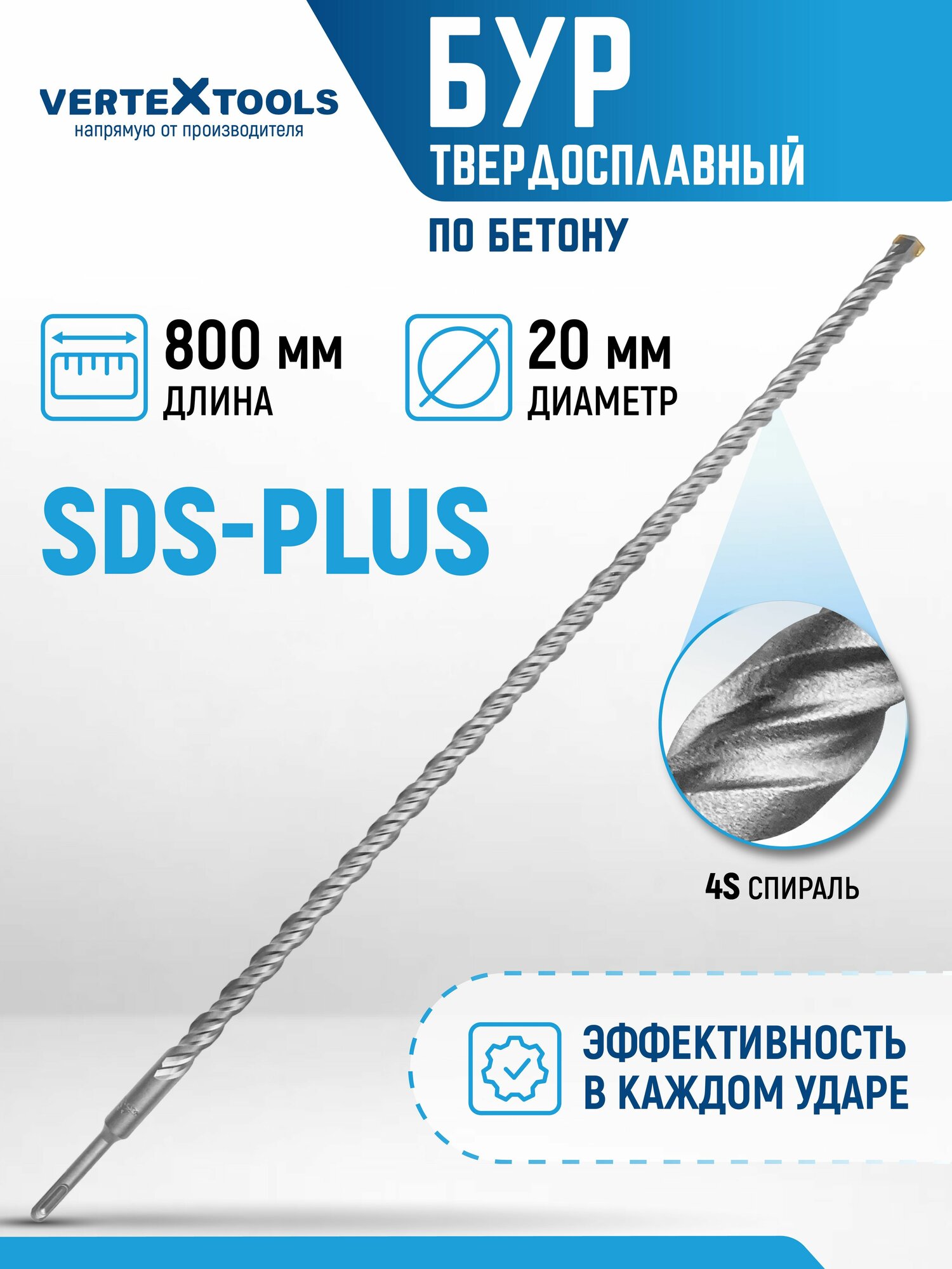 Бур для перфоратора 20 мм SDS-plus 20Х800 мм