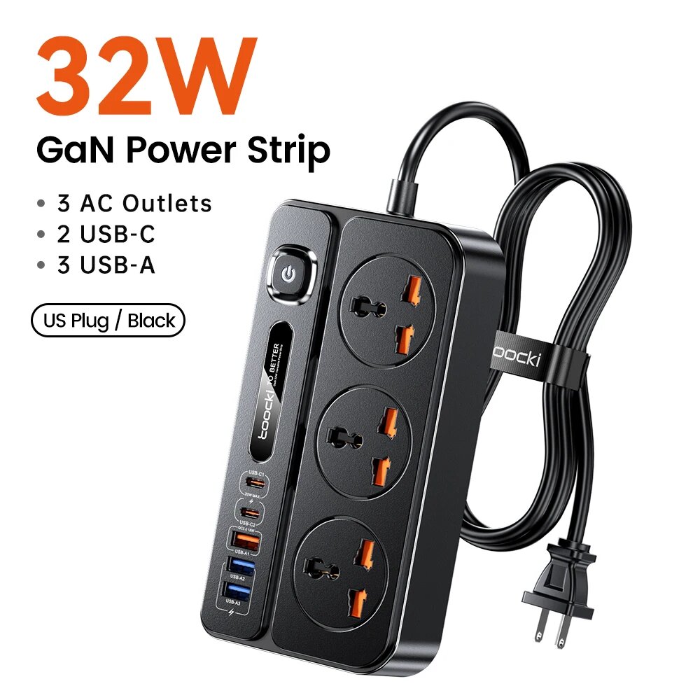 Toocki Uдлинительная розетка 2500 Вт с USB C US Plug